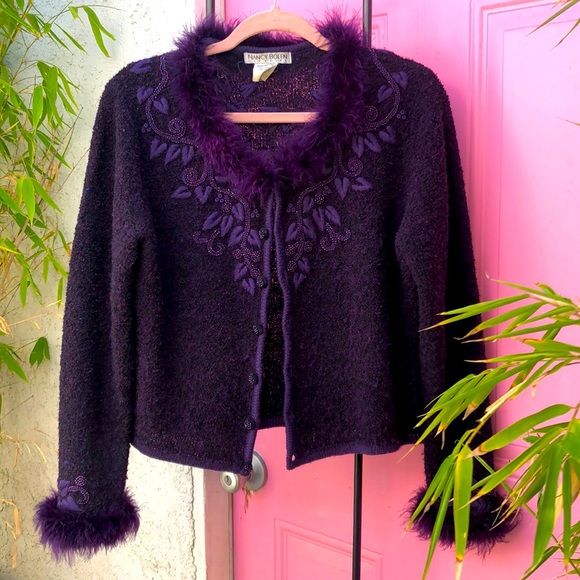 Nancy Bolen | Sweaters | Nancy Bolen Purple Feather Cuff Sweater | Poshmark